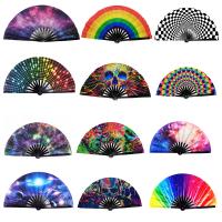 China Bamboo Fabric Printing Logo Customized Hand Fan Foldable Large Big Size 33cm for sale