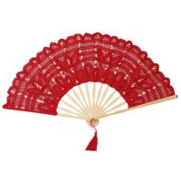 China Double Sided Handmade Bamboo Fan 21cm 27cm Lace Folding Fan For Wedding Favor for sale