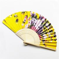 China Small Foldable Festival Manual Colorful Fabric Bamboo Hand Fan With Assorted Flower Pattern for sale