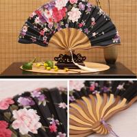 China Assorted Flower Handheld Foldable Fan Curved Fabric Folding Fans With Tassel for sale