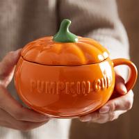 China Halloween Christmas Ceramic Pumpkin Soup Bowls Polished With Lid And Spoon for sale