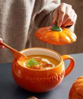 China Halloween Christmas Ceramic Pumpkin Soup Bowls Polished With Lid And Spoon for sale