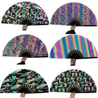 China Reflective Iridescent Mushroom Bamboo Fabric Customized Hand Fan Foldable 33cm for sale
