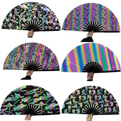 China Reflective Iridescent Mushroom Bamboo Fabric Customized Hand Fan Foldable 33cm for sale