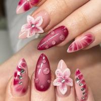 China Custom Logo 24pcs 3D Effect Cute Flower Design False Nails Almond Acrylic Nail Tips Rhinestone Press on Nails Wholesale for sale