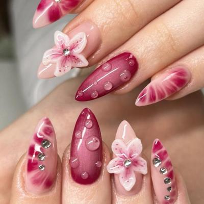 China Custom Logo 24pcs 3D Effect Cute Flower Design False Nails Almond Acrylic Nail Tips Rhinestone Press on Nails Wholesale for sale
