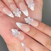 China Custom Logo 24pcs 3D Effect Cute Flower Design False Nails Almond Acrylic Nail Tips Rhinestone Press on Nails Wholesale for sale