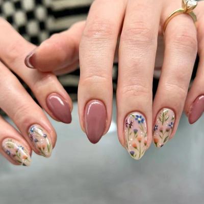China Hot Sale Almond False Nails High Quality ABS Fake Nail Flower Pattern Press on Nail Manufacturer for sale