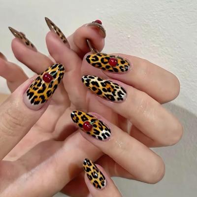 China Short Almond 3D Press On Nails Cherry Leopard Print Nail Stickers for sale