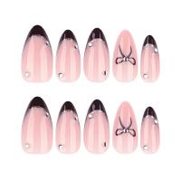 China Medium Almond French Tip  Press On Nails With Rhinestone Bowknot Reusable for sale