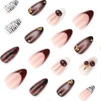 China Almond French Tip Artifical Nails 3D Cherry Zebra Stripe With Rhinestone for sale