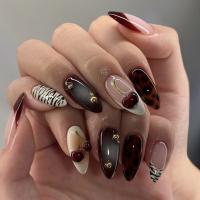China Almond French Tip Artifical Nails 3D Cherry Zebra Stripe With Rhinestone for sale