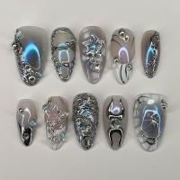 China MSDS Rhinestone Press On Nails French Tip Reusable Blue Holographic Nails for sale