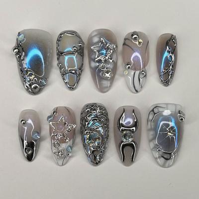 China MSDS Rhinestone Press On Nails French Tip Reusable Blue Holographic Nails for sale