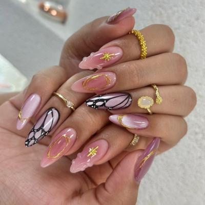China Long Almond Gilded Print Pattern Press On Nails 3D Design for sale