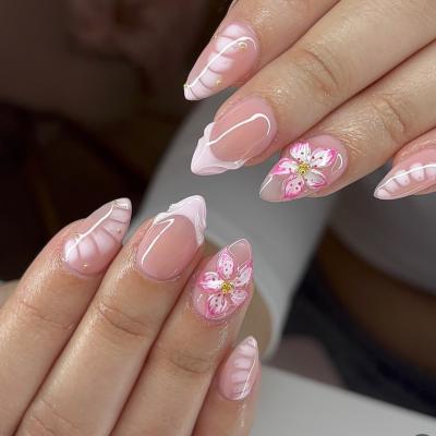 China French Tip Medium Stiletto 3D Fake Nails With Gentle Flowers Design for sale