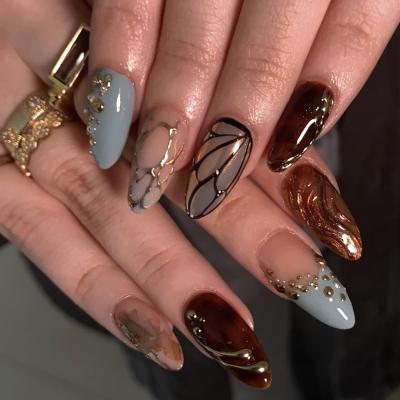 China Almond Hawksbill Turtle Personalized Press On Nails Marble With Rhinestone for sale