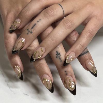 China Long Almond Dark Style 3D Press On Nails Gilded Design Factory Direct for sale