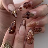 China Rhinestone Medium Almond Nails 3D Press On Nails MSDS French Flower Pearl for sale