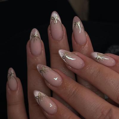 China Bow Long  Almond  French Tip Press On Nails Cat Eye Design for sale