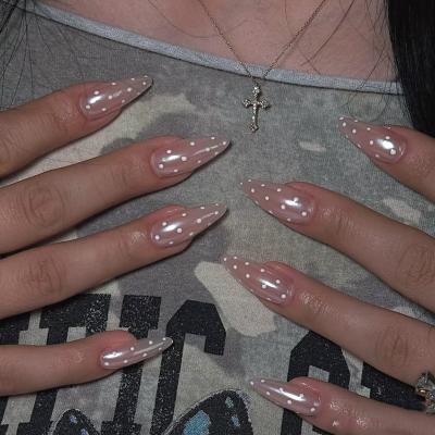 China Long Nude Almond Cat Eye Press On Nails MSDS Polka Dot Fake Nails for sale