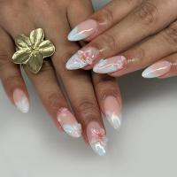 China Sweet Flower Finish Long Almond 3D Artifical Nails Ombre Design for sale