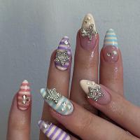 China Long Almond Colourful Stripes 3D Press On Nails Stars Rhinestone Design for sale