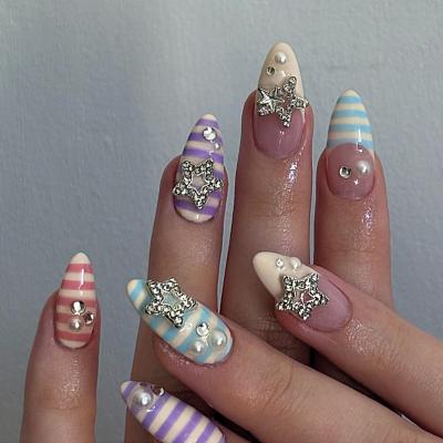 China Long Almond Colourful Stripes 3D Press On Nails Stars Rhinestone Design for sale