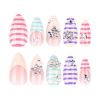 China Long Almond Colourful Stripes 3D Press On Nails Stars Rhinestone Design for sale