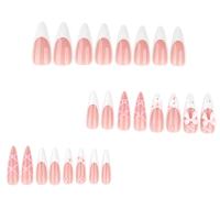 China Pink Bow Long Stiletto French Tip Fake Nails 3D Design Flowers for sale