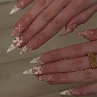 China Pink Bow Long Stiletto French Tip Fake Nails 3D Design Flowers for sale