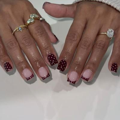 China Square Pattern Press On Nails Medium Glossy Black Nails With Polka Dots for sale