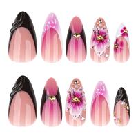 China Long Almond Flowers Design 3D Press On Nails French Tip Pink for sale