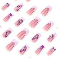 China Long Coffin Finish Flowers Design French Tip Fake Nails Glossy for sale