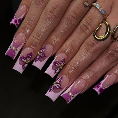 China Long Coffin Finish Flowers Design French Tip Fake Nails Glossy for sale