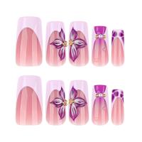 China Long Coffin Finish Flowers Design French Tip Fake Nails Glossy for sale