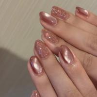 China Flashing Pink Cat Eye Fake Nails Short Round 3D Cat Eye Nails for sale