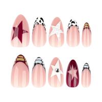 China Long Almond  3D Glossy Finish French Tip False Nails Satr Design for sale