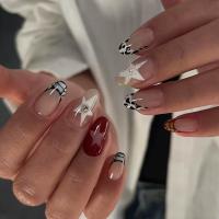 China Long Almond  3D Glossy Finish French Tip False Nails Satr Design for sale