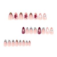 China Long Almond  3D Glossy Finish French Tip False Nails Satr Design for sale
