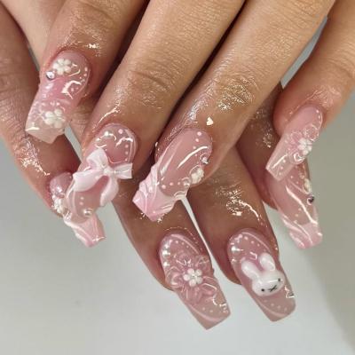 China Long Coffin French Tip 3D Press On Nails Pink Bows Rabbit Design for sale
