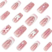 China Long Coffin French Tip 3D Press On Nails Pink Bows Rabbit Design for sale