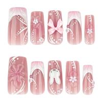 China Long Coffin French Tip 3D Press On Nails Pink Bows Rabbit Design for sale