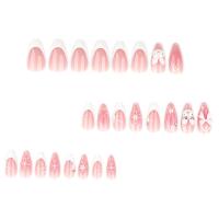 China French Tip 3D False Nails Rabbit Design Pink Bows Almond Long Nails for sale