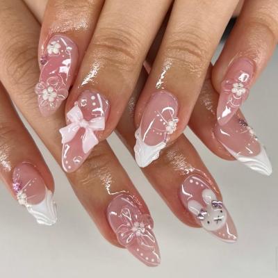 China French Tip 3D False Nails Rabbit Design Pink Bows Almond Long Nails for sale