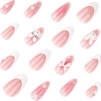 China French Tip 3D False Nails Rabbit Design Pink Bows Almond Long Nails for sale