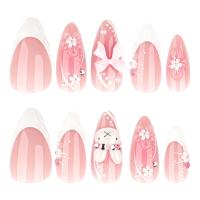 China French Tip 3D False Nails Rabbit Design Pink Bows Almond Long Nails for sale