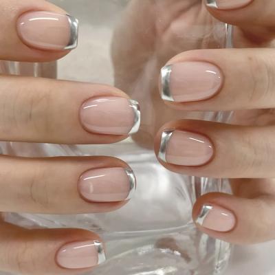 China Silver French Tip Press On Nails Short Square For Bulk Order for sale