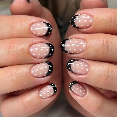 China Short Oval Finish Glossy French Tip Press On Nails White Polka Dot for sale