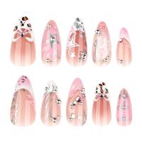 China Long Almond 3D Design French Tip False Nails Glossy Rhinestone for sale